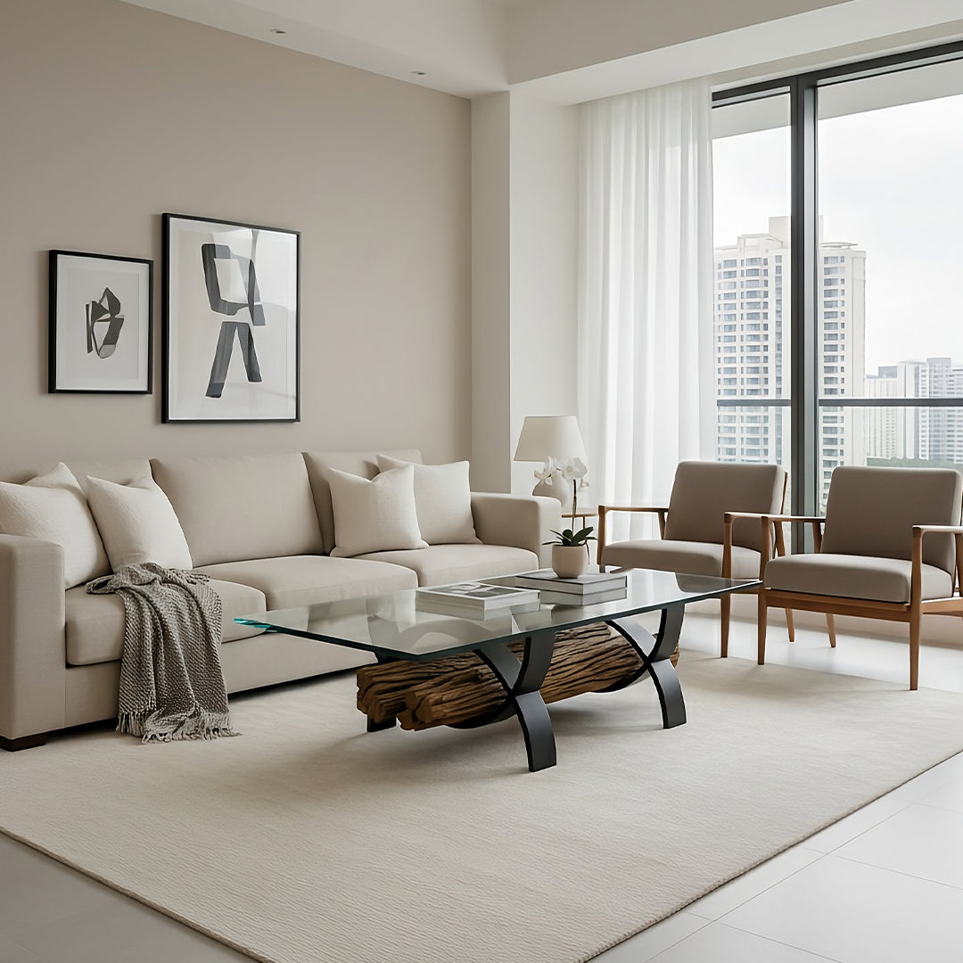 Arya Coffee Table | Glass Top & Raw Wood Log Base | Bless Brothers SG