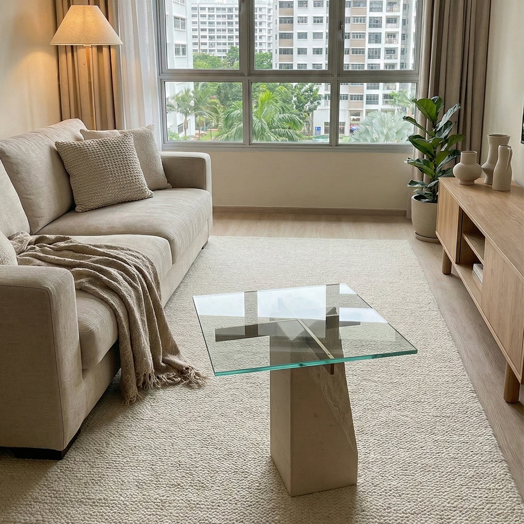 Golden Crest Side Table | Stone Base & Glass Top | Bless Brothers SG