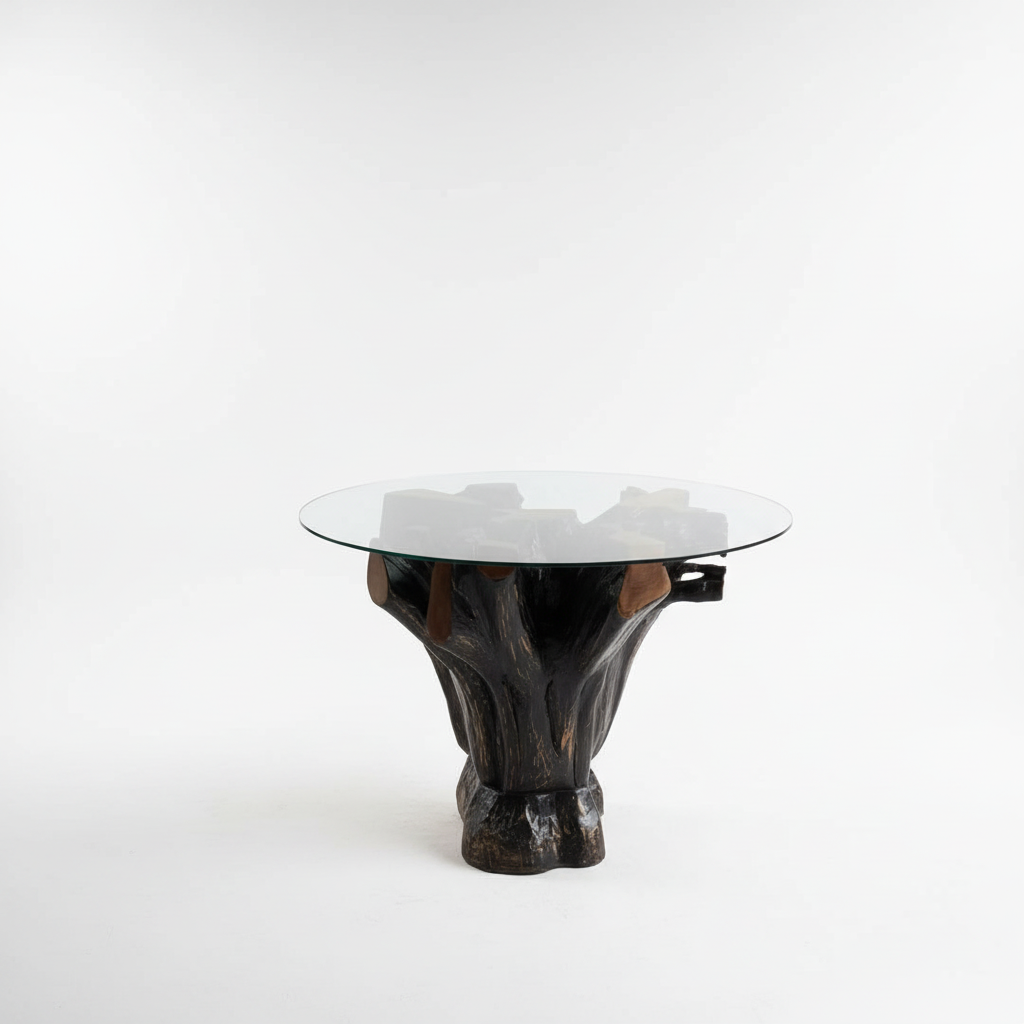 Lomira Black Teak Root Dining Table Singapore | Glass Top Dining Table